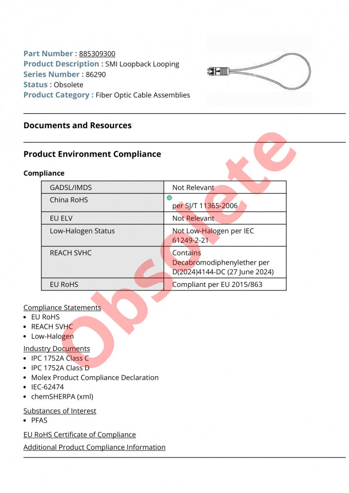 Technical document page 1 for MOLEX 885309300