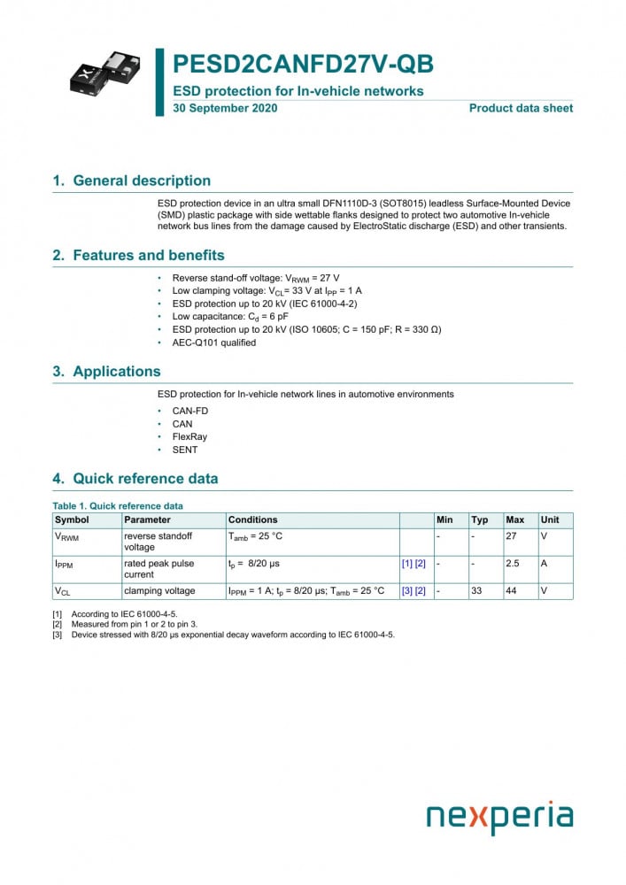 PESD2CANFD27V-QBZ datasheet page 1