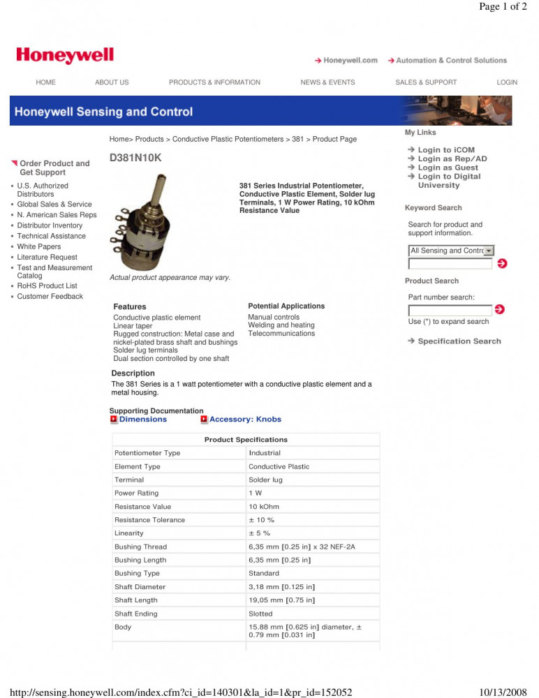 D381N10K technical document page 1