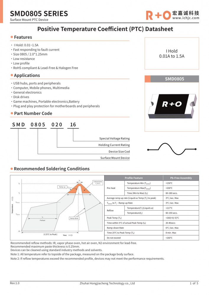 R+O PTC datasheet page 1