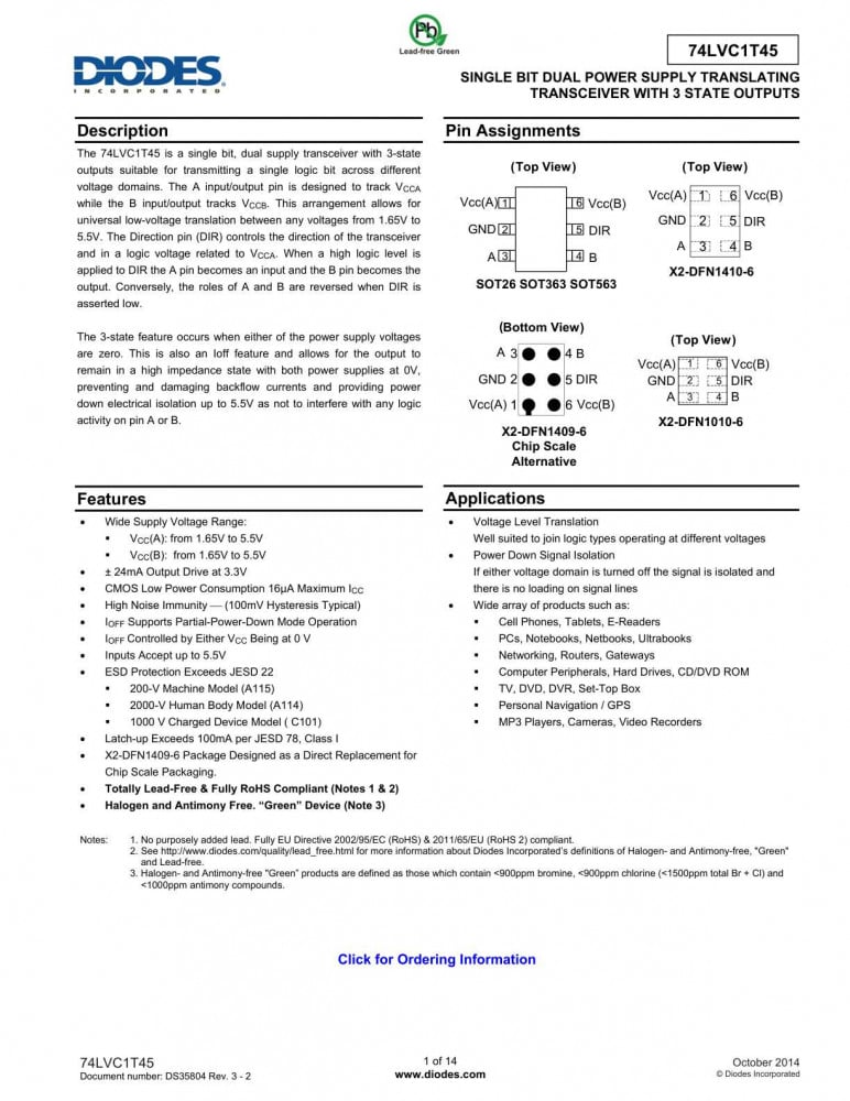 74LVC1T45W6-7 datasheet page 1