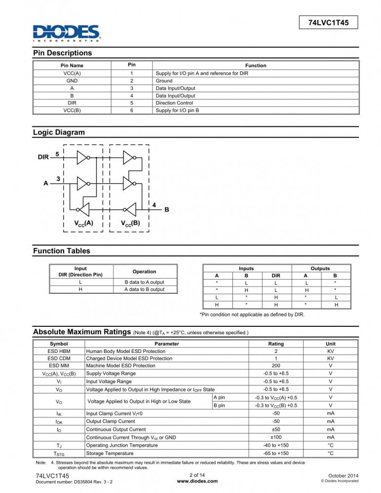74LVC1T45W6-7 datasheet page 2