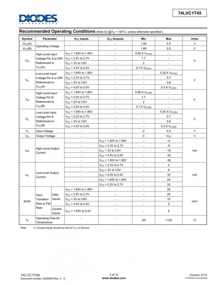 74LVC1T45W6-7 datasheet page 3