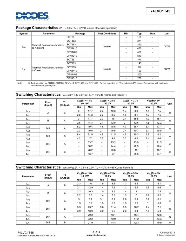 74LVC1T45W6-7 datasheet page 6