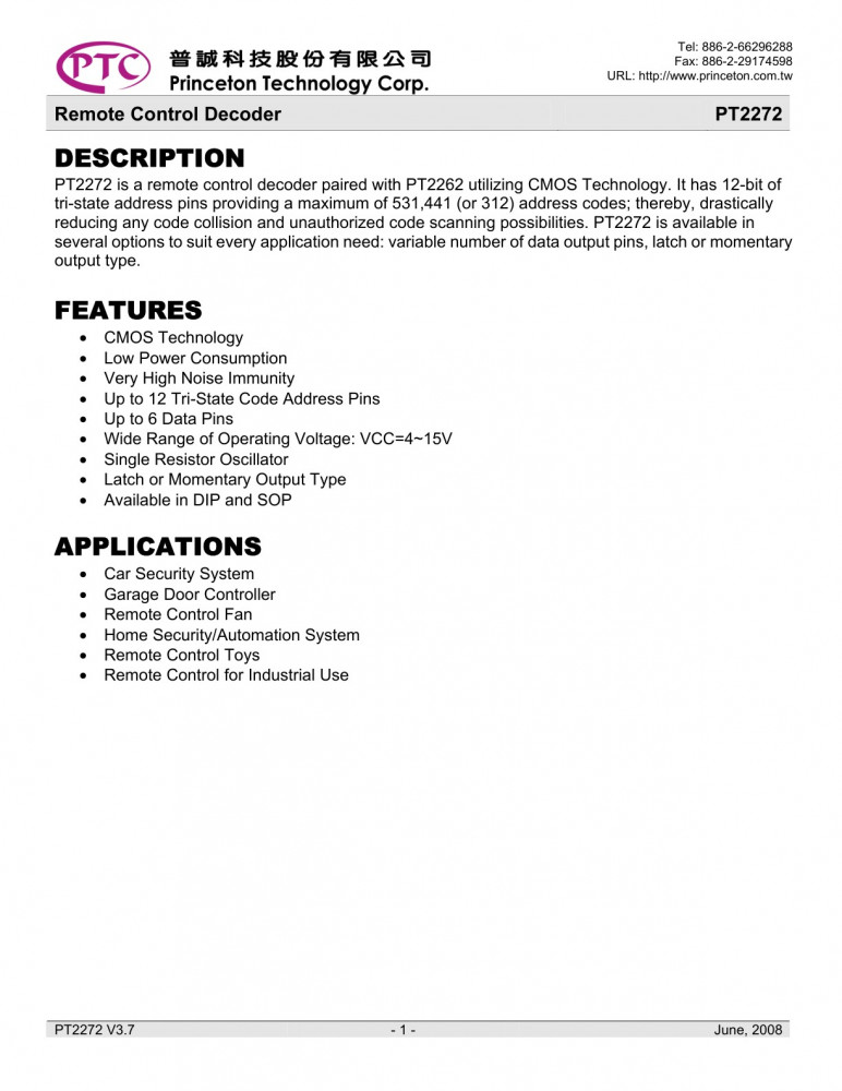 PT2272 datasheet page 1