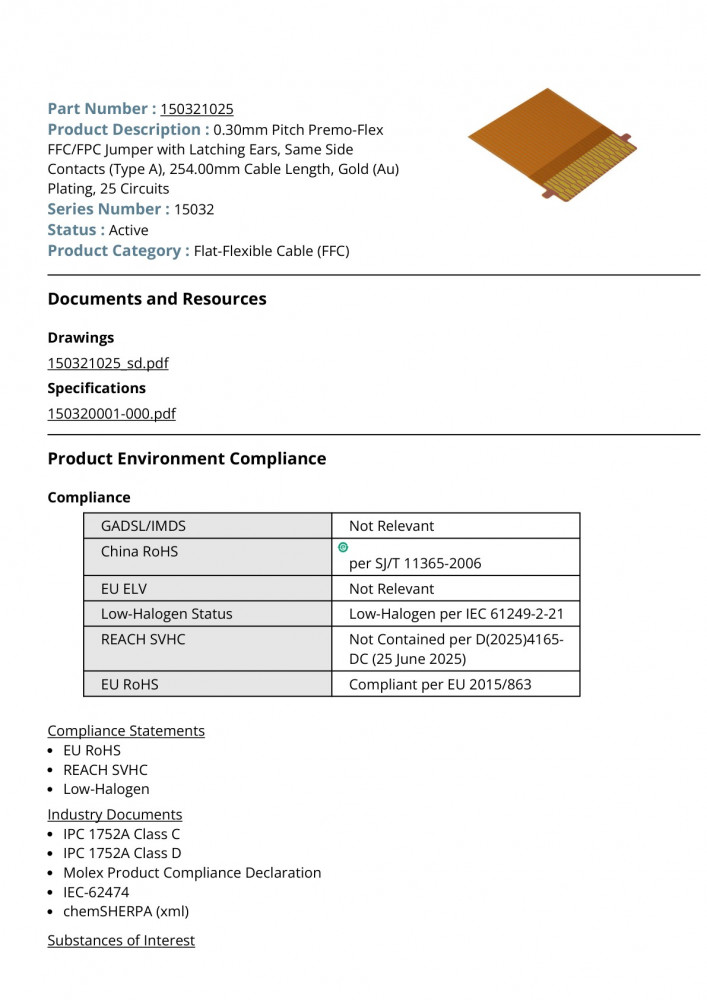 MOLEX 0.30 mm pitch FFC specification page image 1