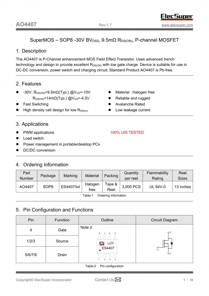 AO4407 datasheet page 1