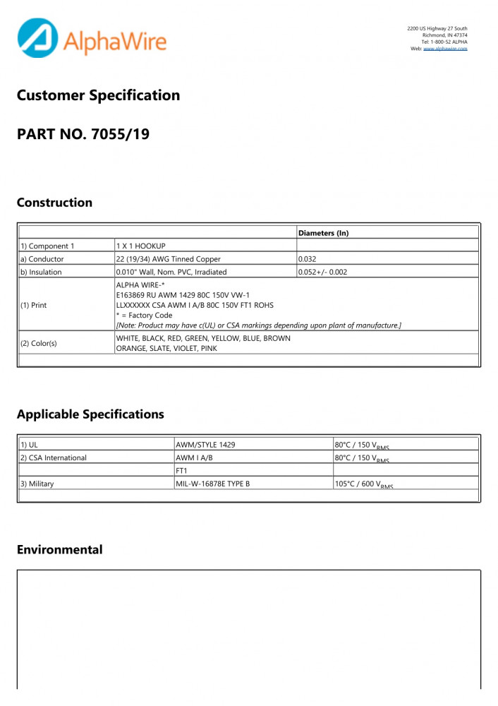 Alpha Wire 7055/19 technical document page 1