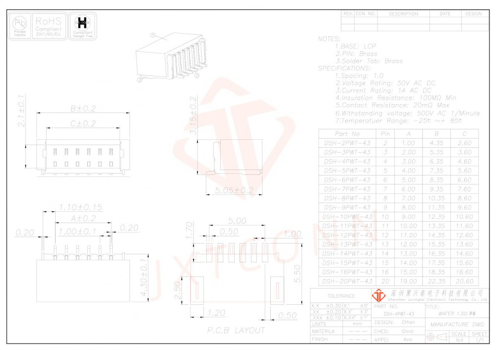 JXTCONN DSH-4PWT-43 technical drawing