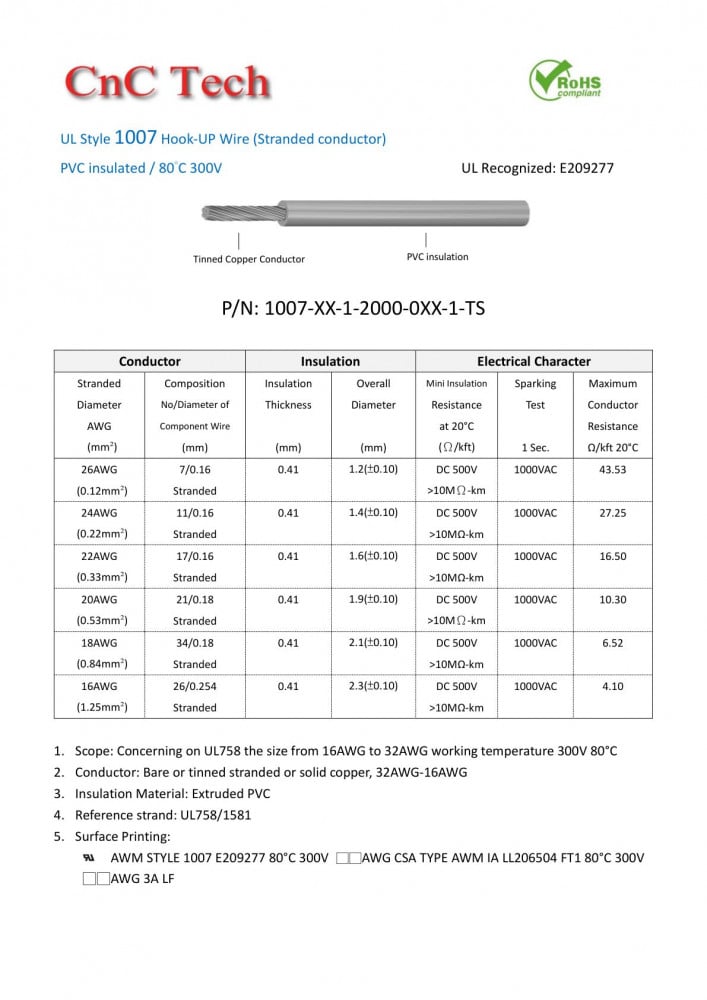 CNC Tech UL Style 1007 wire specification page 1
