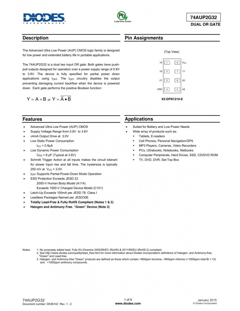74AUP2G32RA3-7 datasheet page 1