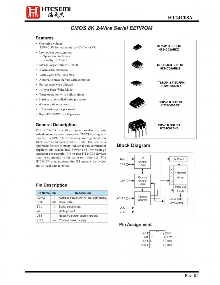 HT24C08ARZ datasheet page 1