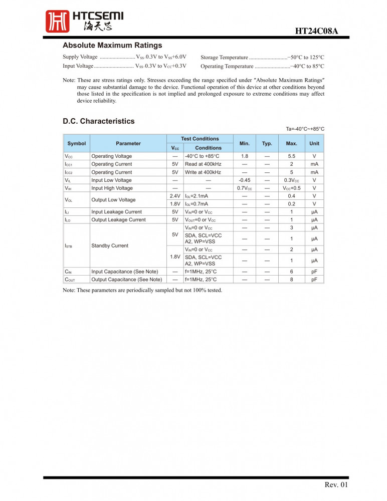 HT24C08ARZ datasheet page 2