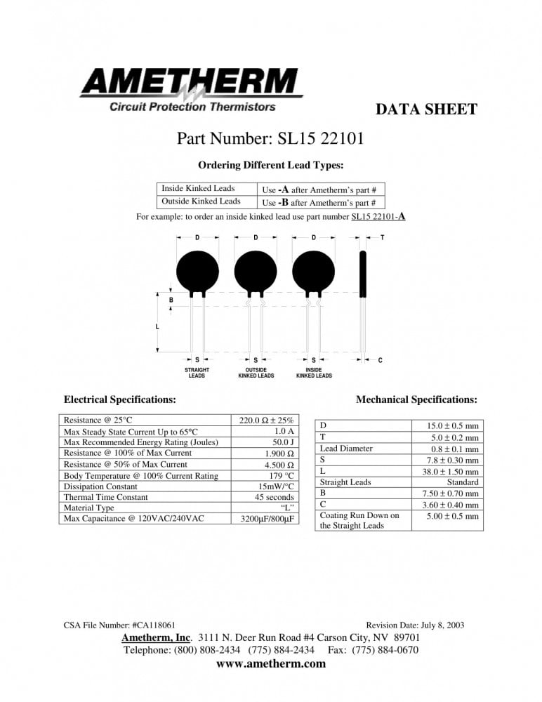 Ametherm SL15 22101 technical document