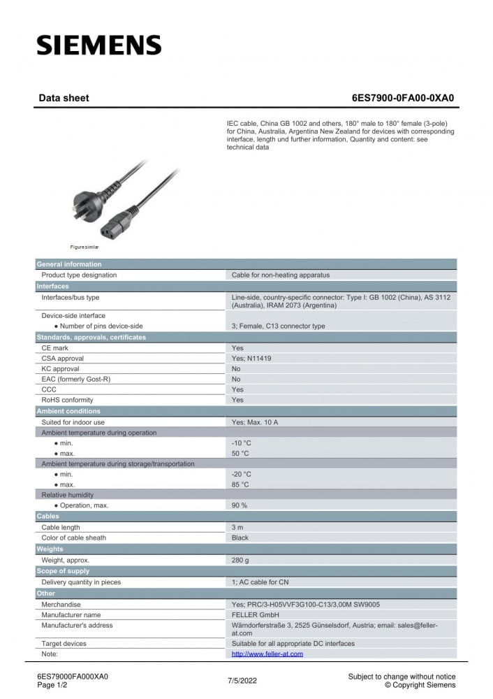 SIEMENS 6ES79000FA000XA0 data sheet page 1