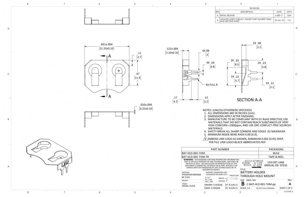 BAT-HLD-001-THM technical drawing page 1