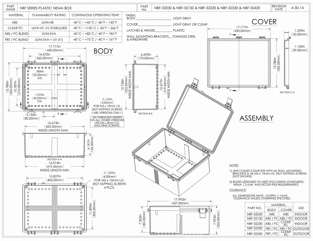 Bud Industries NBF series enclosure technical drawing page