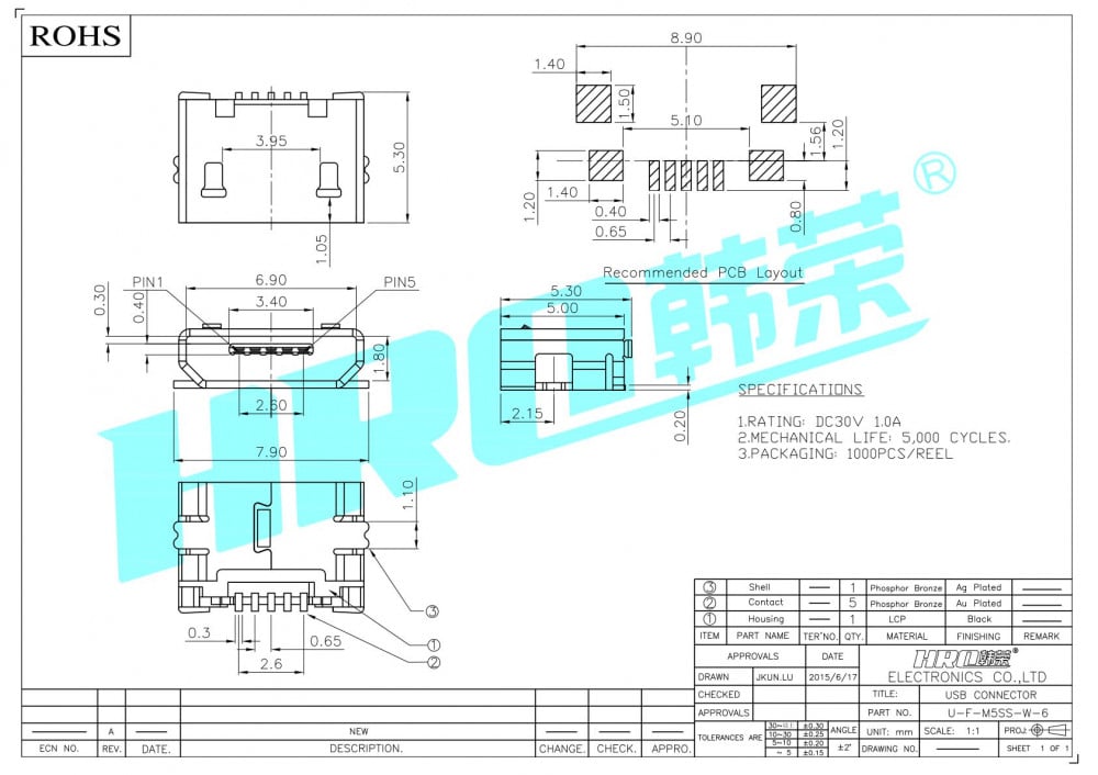 Korean Hroparts Elec U-F-M5SS-W-6 USB connector drawing