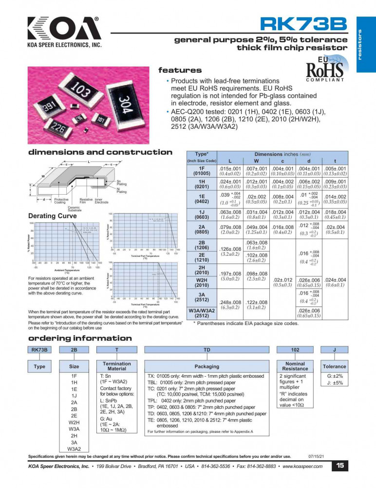 KOA RK73B technical specification document page 1