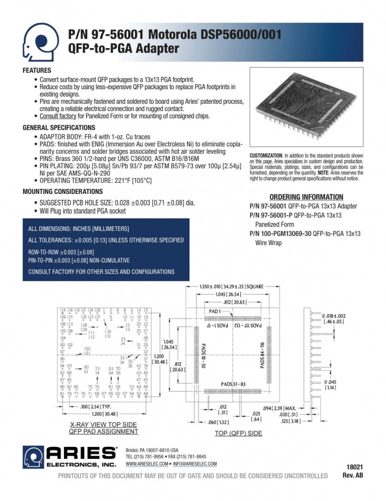 Aries QFP-to-PGA adapter technical drawing
