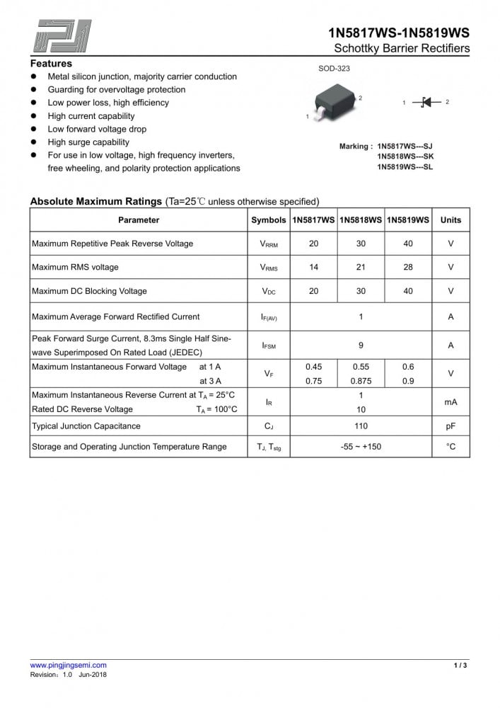 PJSEMI 1N5819WS datasheet page 1