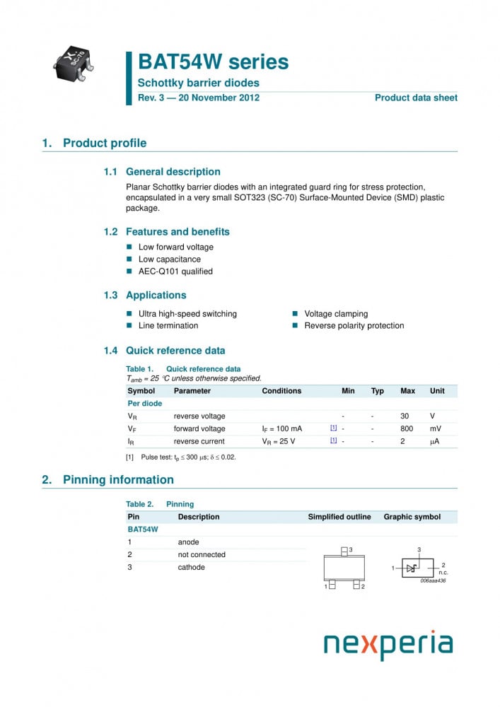 BAT54SW datasheet page 1
