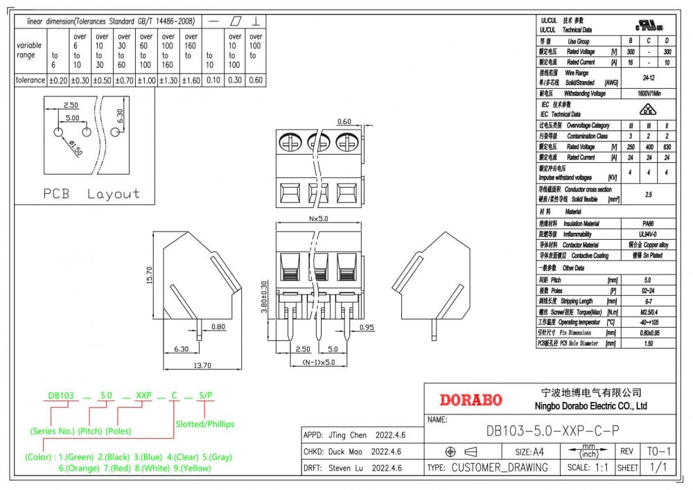 DORABO DB103-5.0-2P-BU-P technical drawing