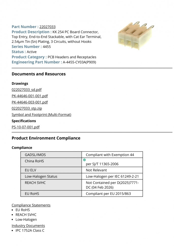 MOLEX 22027033 technical document page 1