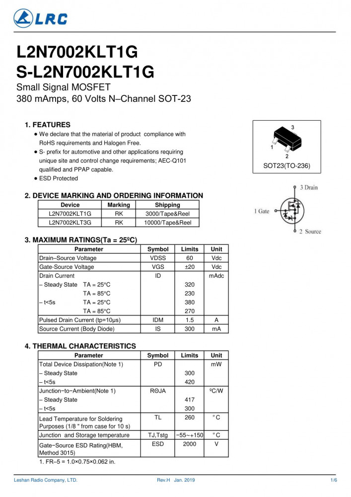 LRC S-L2N7002KLT1G datasheet page 1