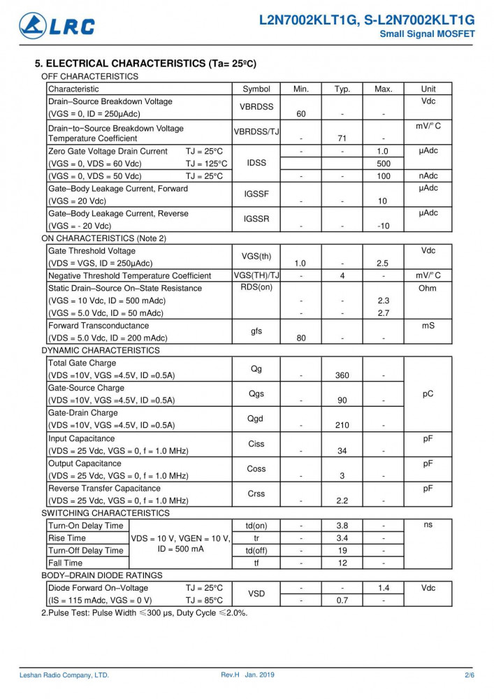LRC S-L2N7002KLT1G datasheet page 2