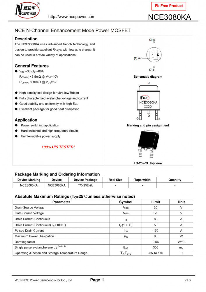 NCE3080KA datasheet page 1