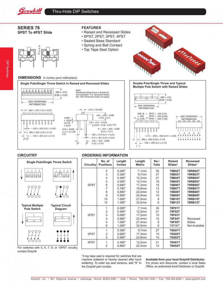Grayhill Series 78 switch technical drawing and features