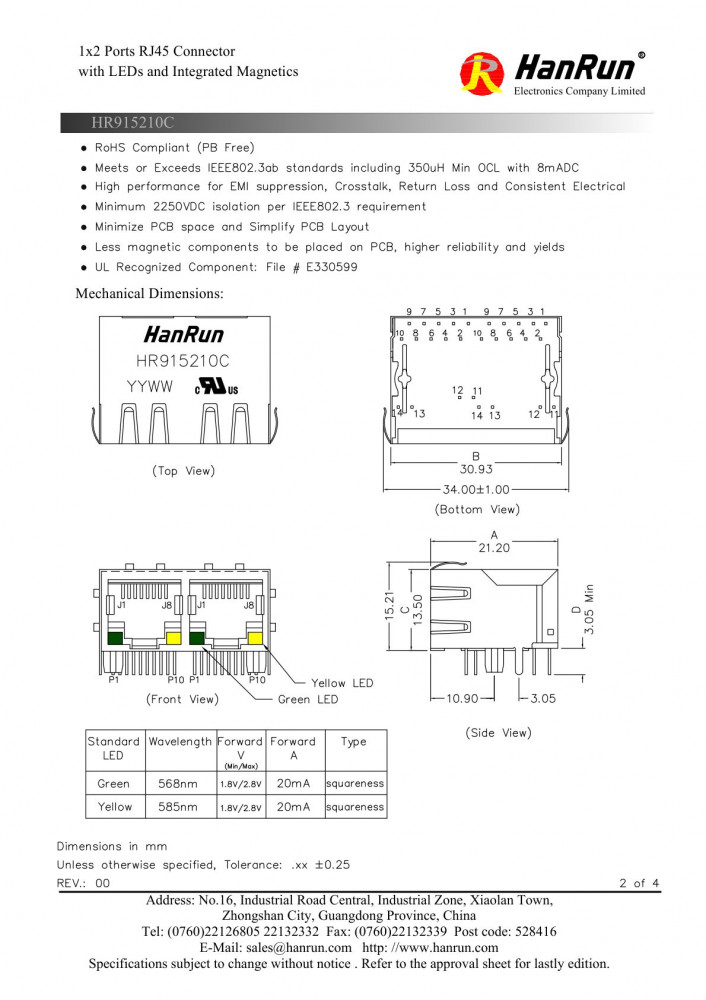HR915210C mechanical dimensions