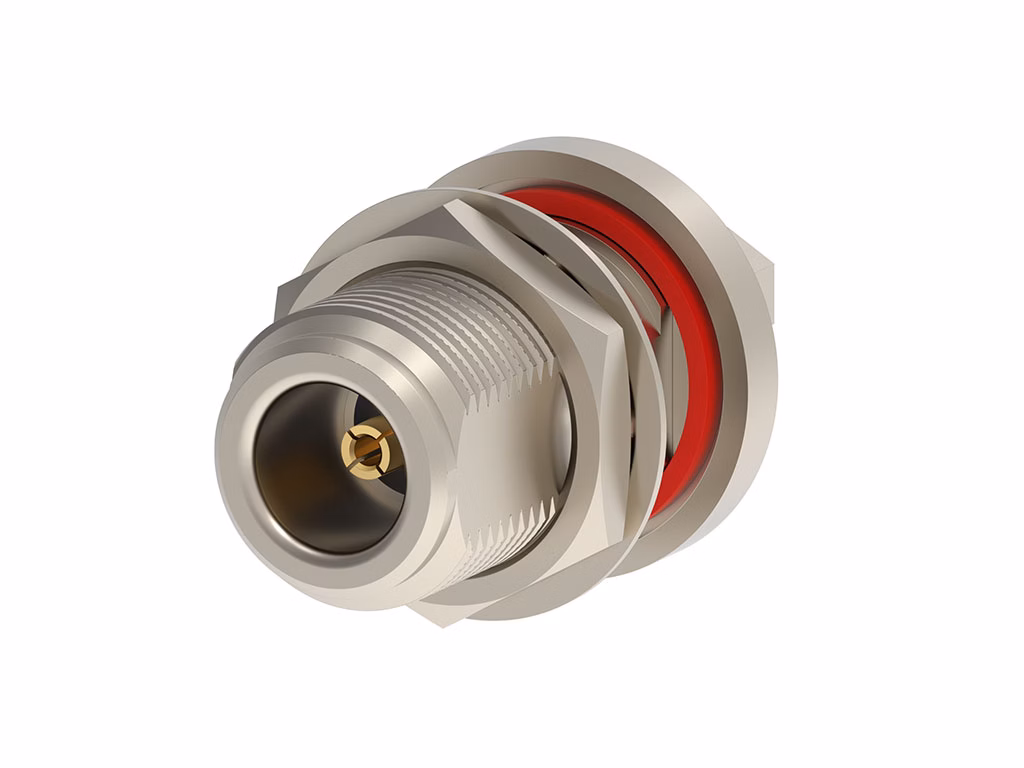 N Jack, Straight, Bulkhead, Crimp, RG-178, RG-196 Cable, Brass Body, Nickel (Ni) Plated, with Jam Nut and Lockwasher, IP68, Tray, 50 Ohms