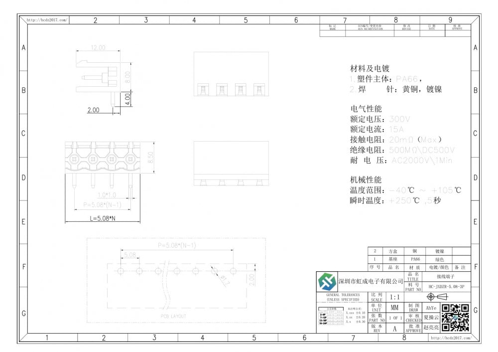 HC-JXDZR-5.08-3P technical drawing and PCB layout