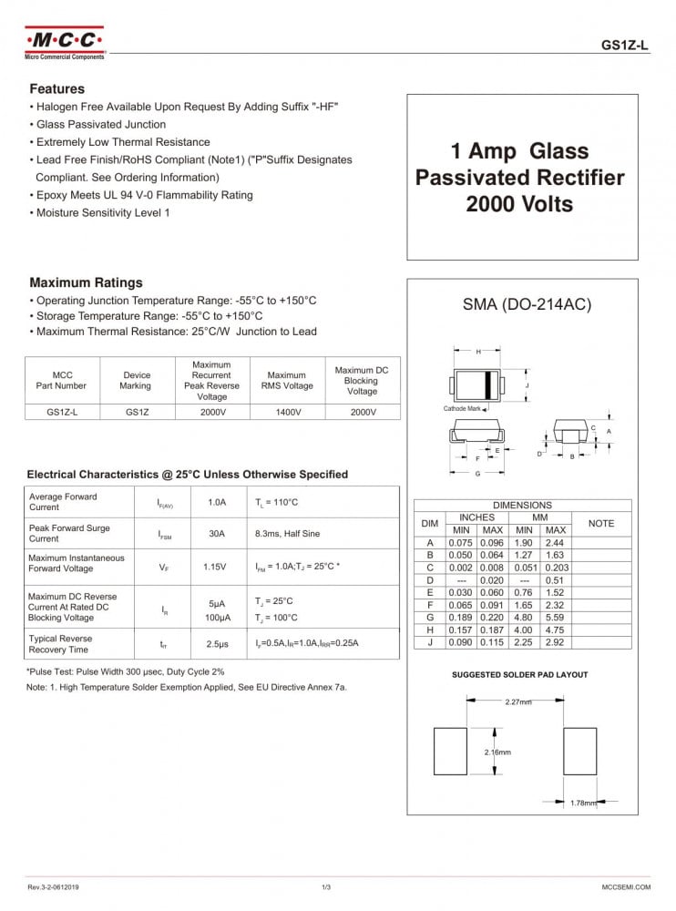 MCC GS1Z-LTP datasheet page 1