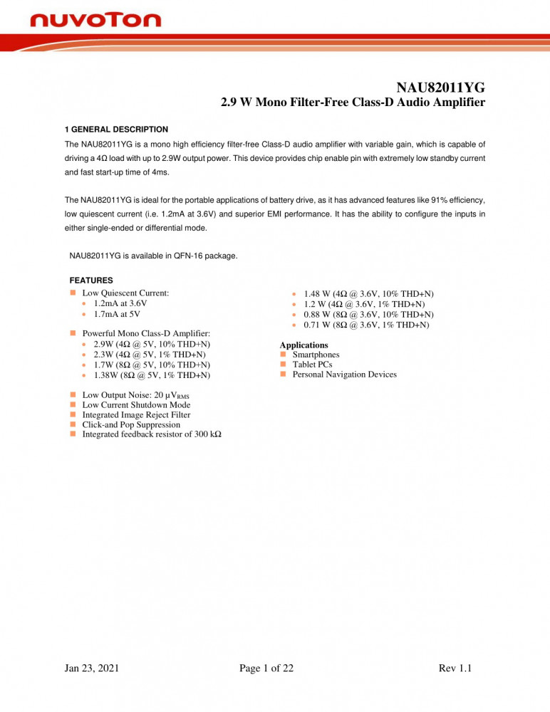 NAU82011YG datasheet page 1