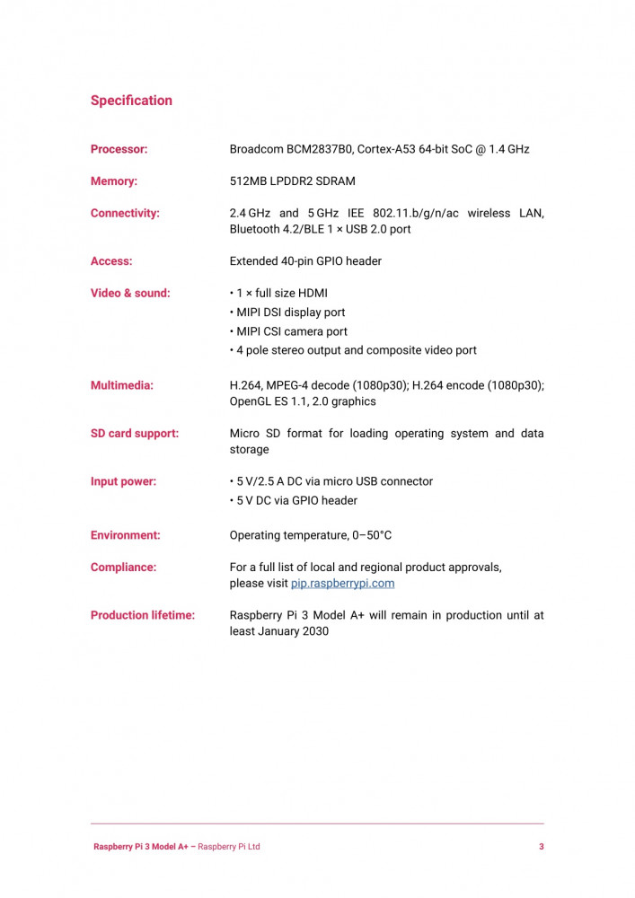 Raspberry Pi 3 Model A+ documentation page 3