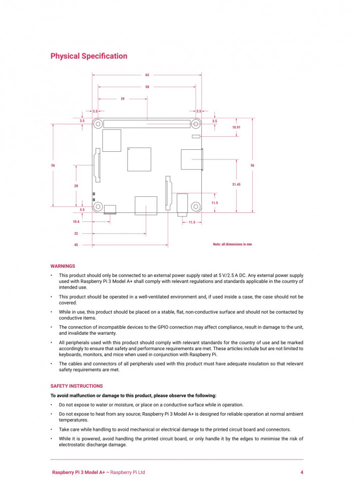 Raspberry Pi 3 Model A+ documentation page 4