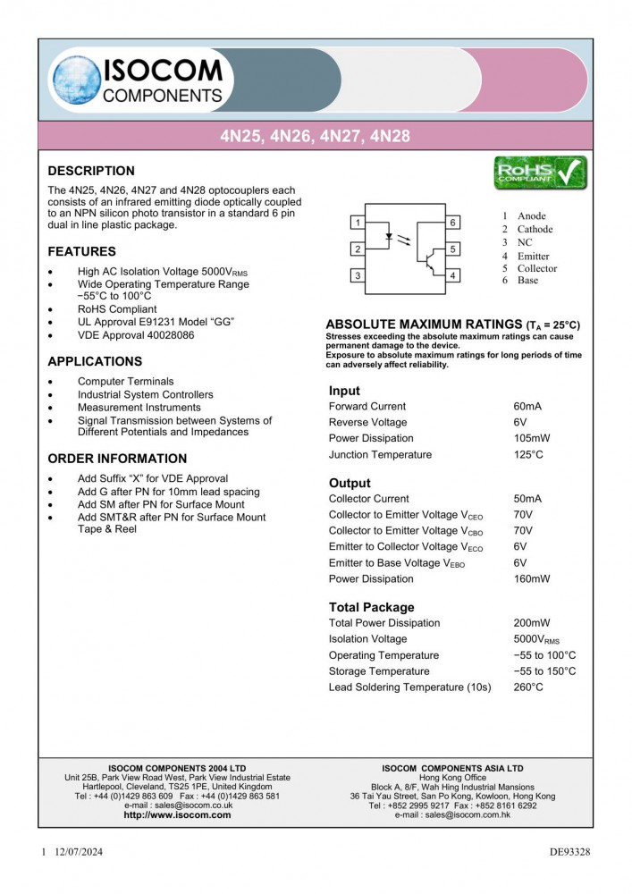 4N28SM datasheet page 1