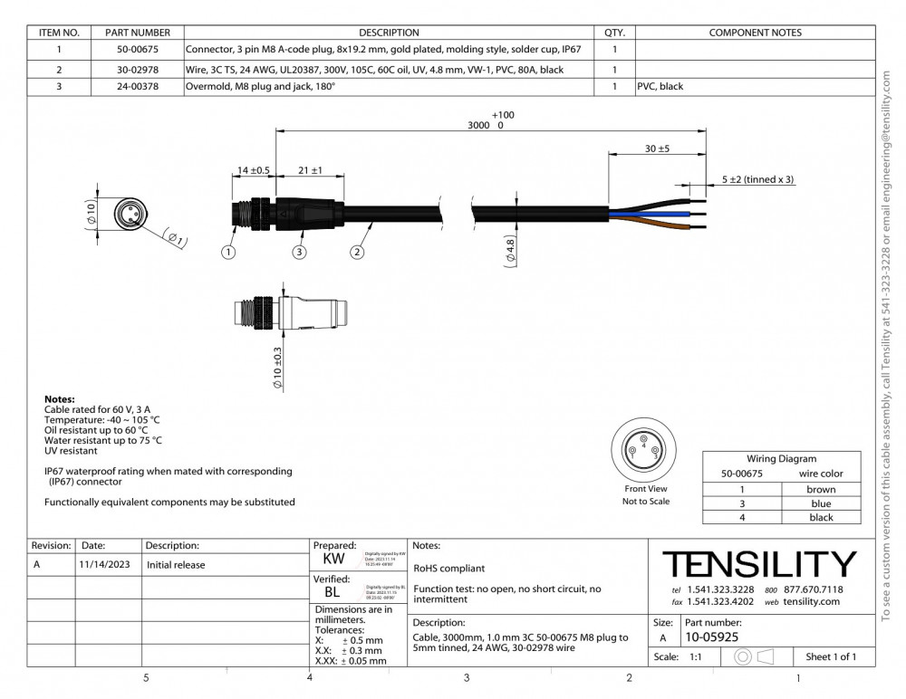 Tensility 10-05925 product drawing and wiring information