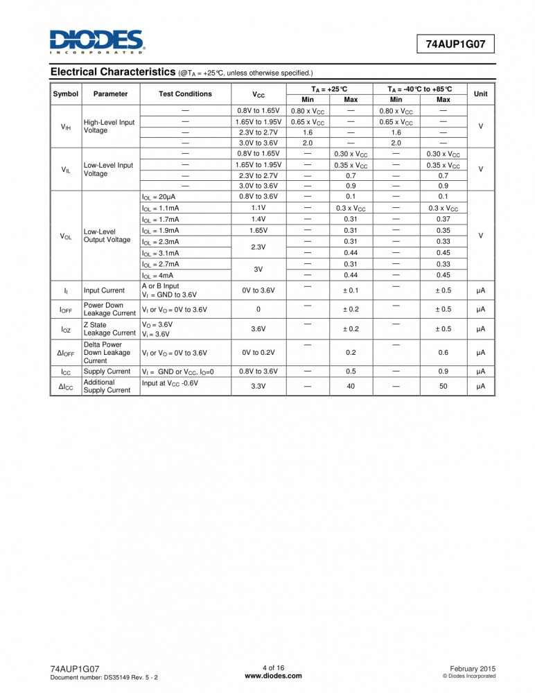 74AUP1G07FW5-7 datasheet page 4