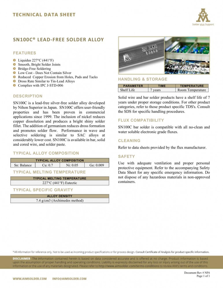 SN100C lead-free solder alloy product document preview