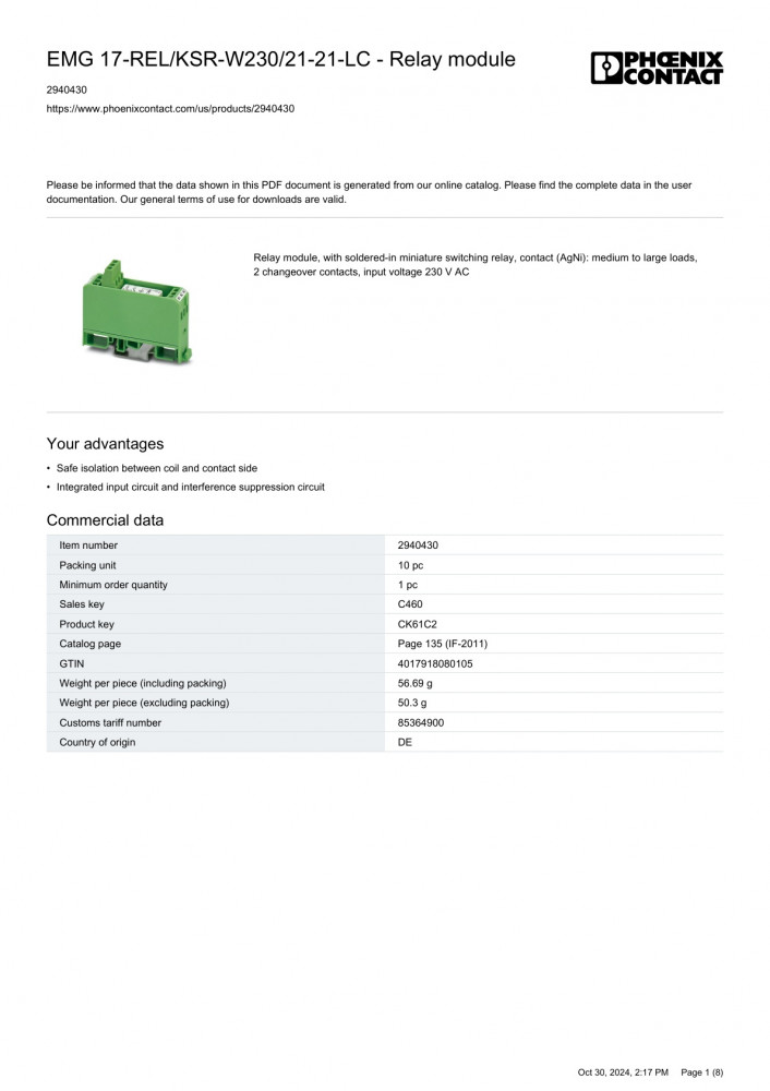 Phoenix Contact 2940430 document page 1