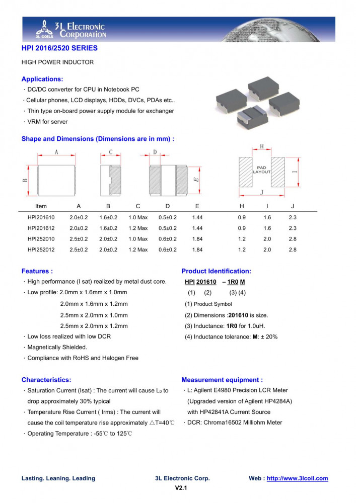 HPI 2016/2520 series datasheet page 1