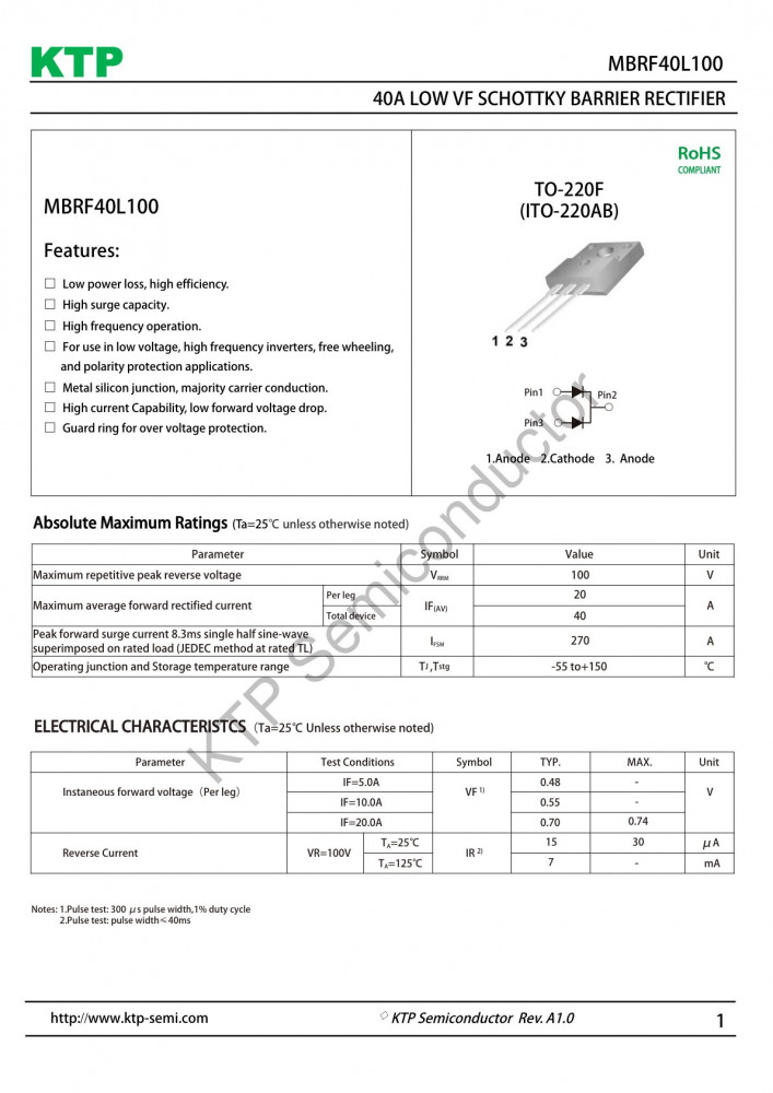 MBRF40L100 datasheet page 1