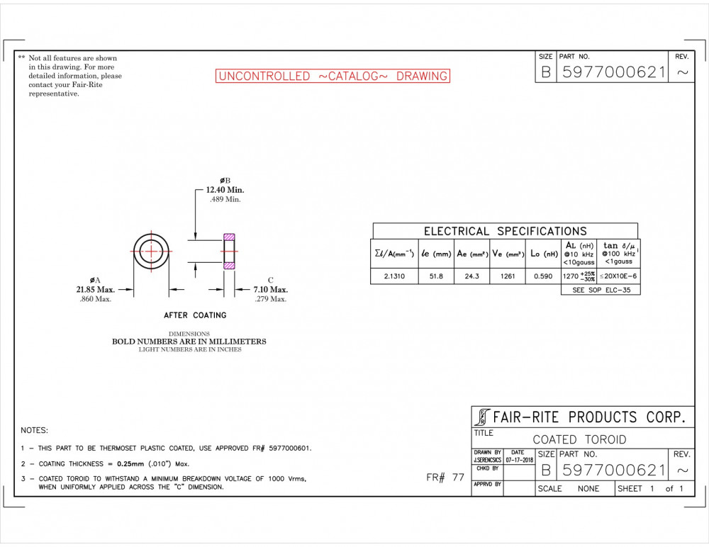 Fair-Rite 5977000621 technical document preview