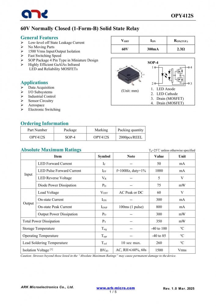 OPY412S datasheet page 1