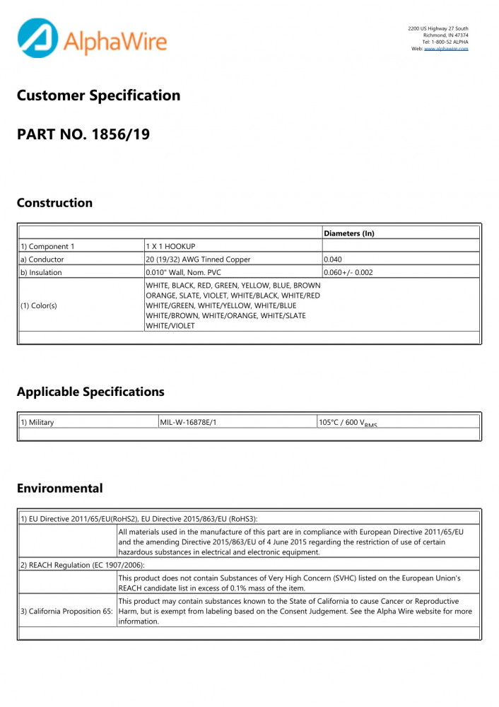 Alpha Wire 1856/19 technical specification page 1