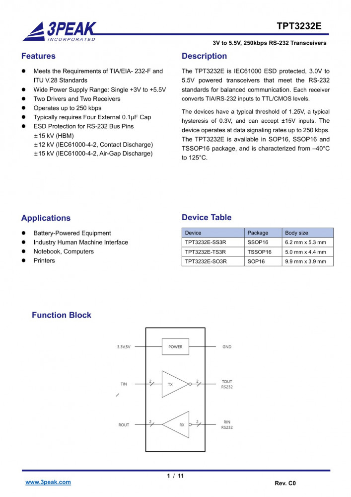 TPT3232E-SS3R technical document page 1